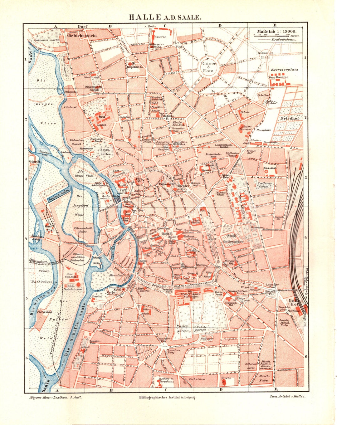 Original 1895 Antique Colour Lithography Print of a Map of Halle (saale ...