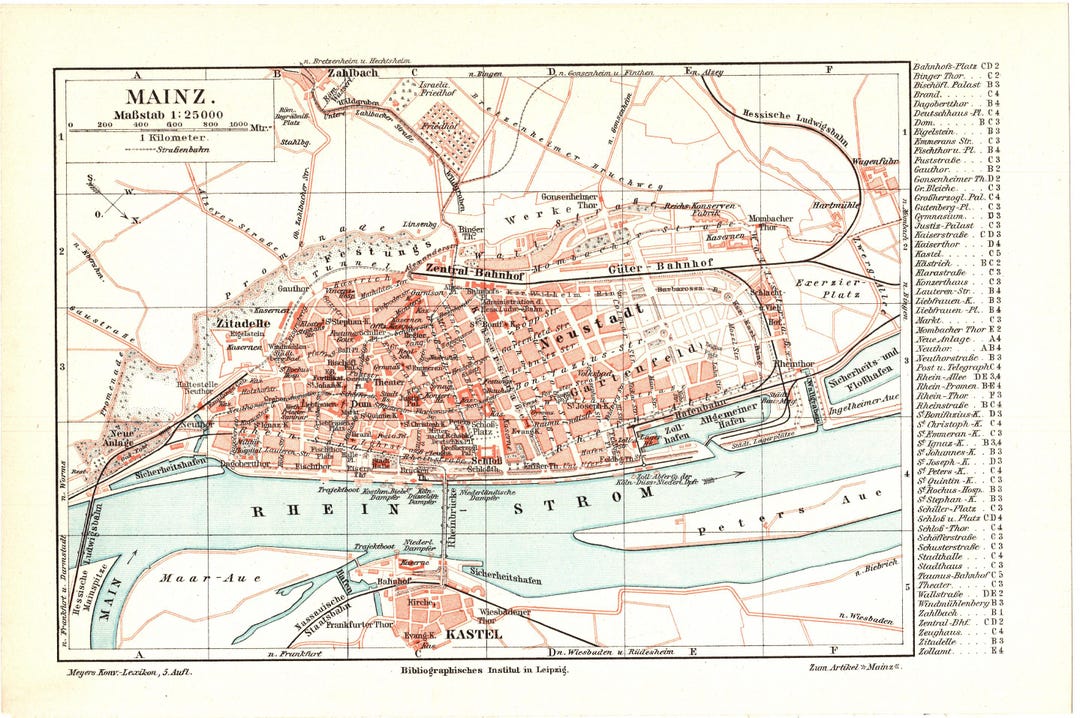 Original 1897 Antique Colour Lithography Print Map Mainz Western ...