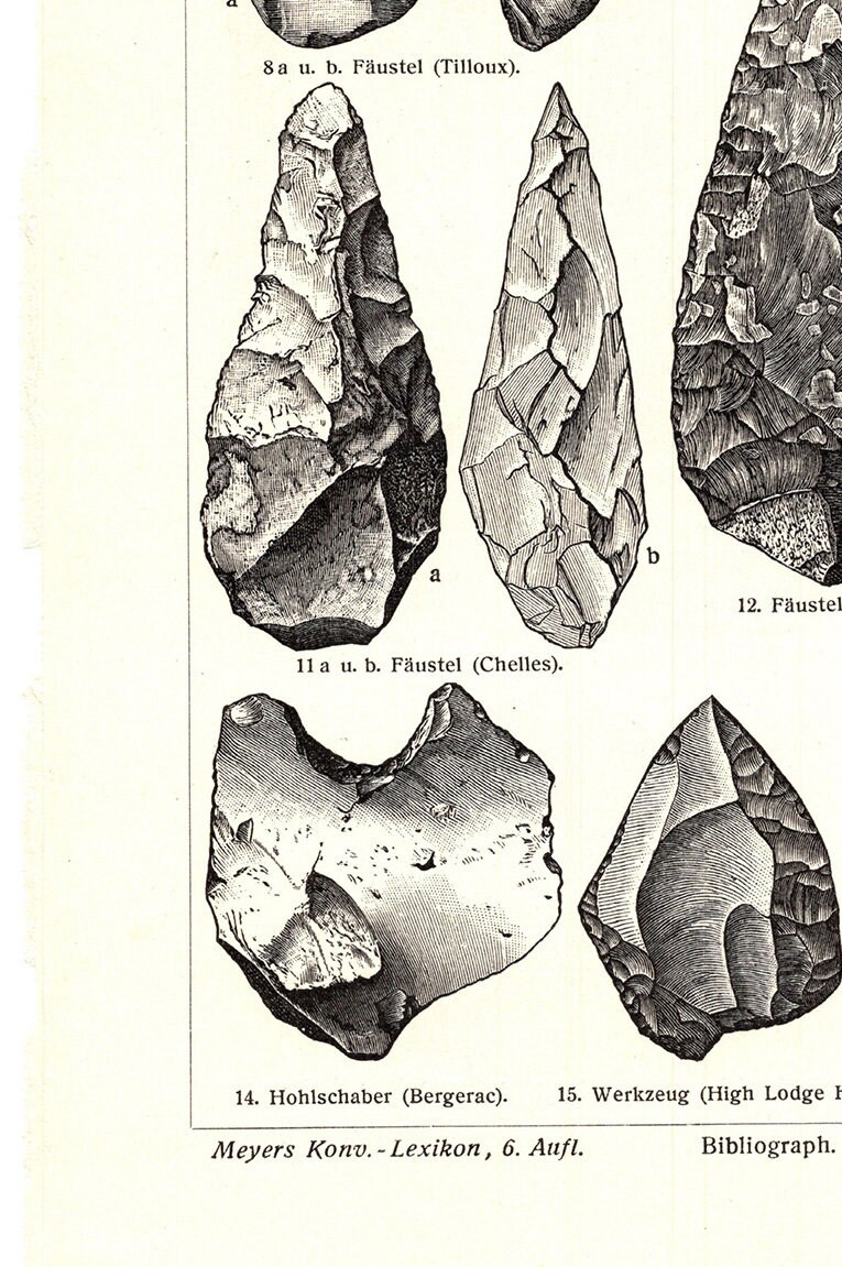 Original 1908 Antique Colour Lithography Print of Stone Age Group ...