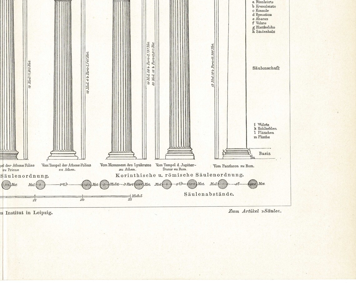 Original 1897 Antique Lithography Print Ancient Columns Säulenordnungen ...