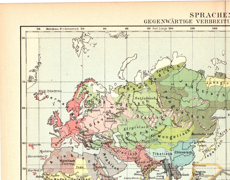Original 1897 Antique Lithography Colour Print of Ethnographic Map of ...