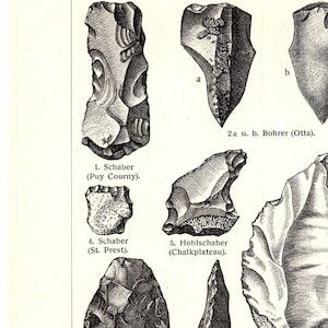 Original 1908 Antique Colour Lithography Print of Stone Age Group ...