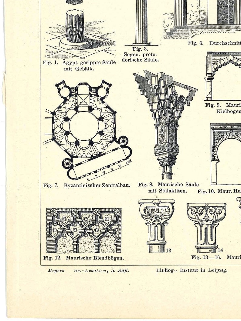 Original 1897 Antique Colour Lithography Print Ancient Columns Pillar ...