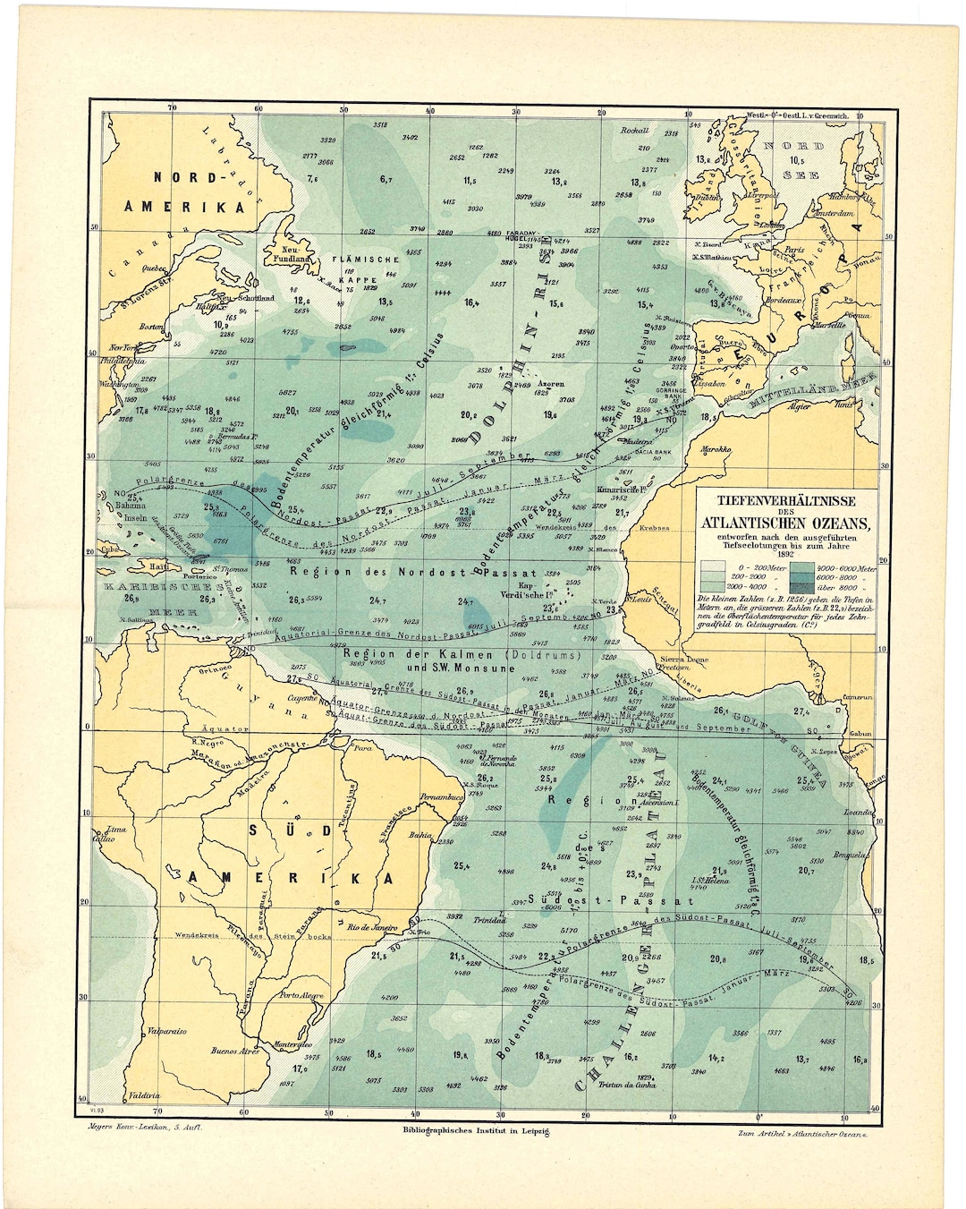 Original 1897 Antique Colour Lithography Print Map Beautiful Map Depths ...
