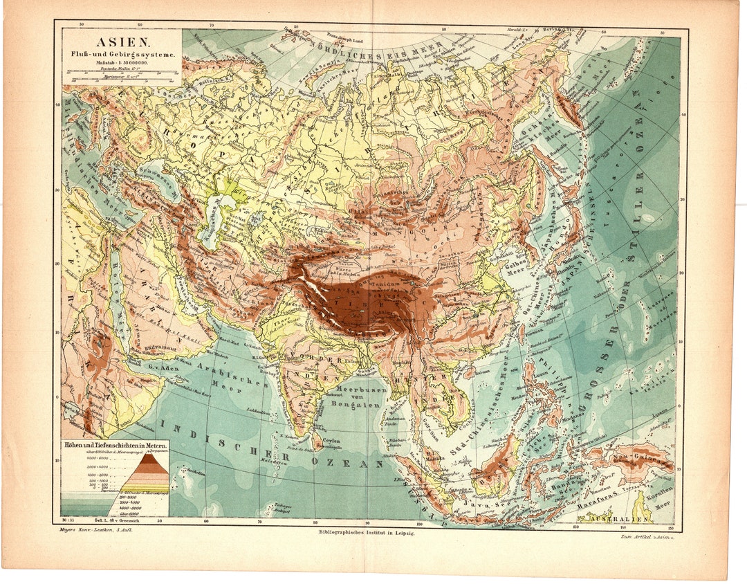 Original 1893 Antique Colour Lithography Print of a Physical Geographic ...