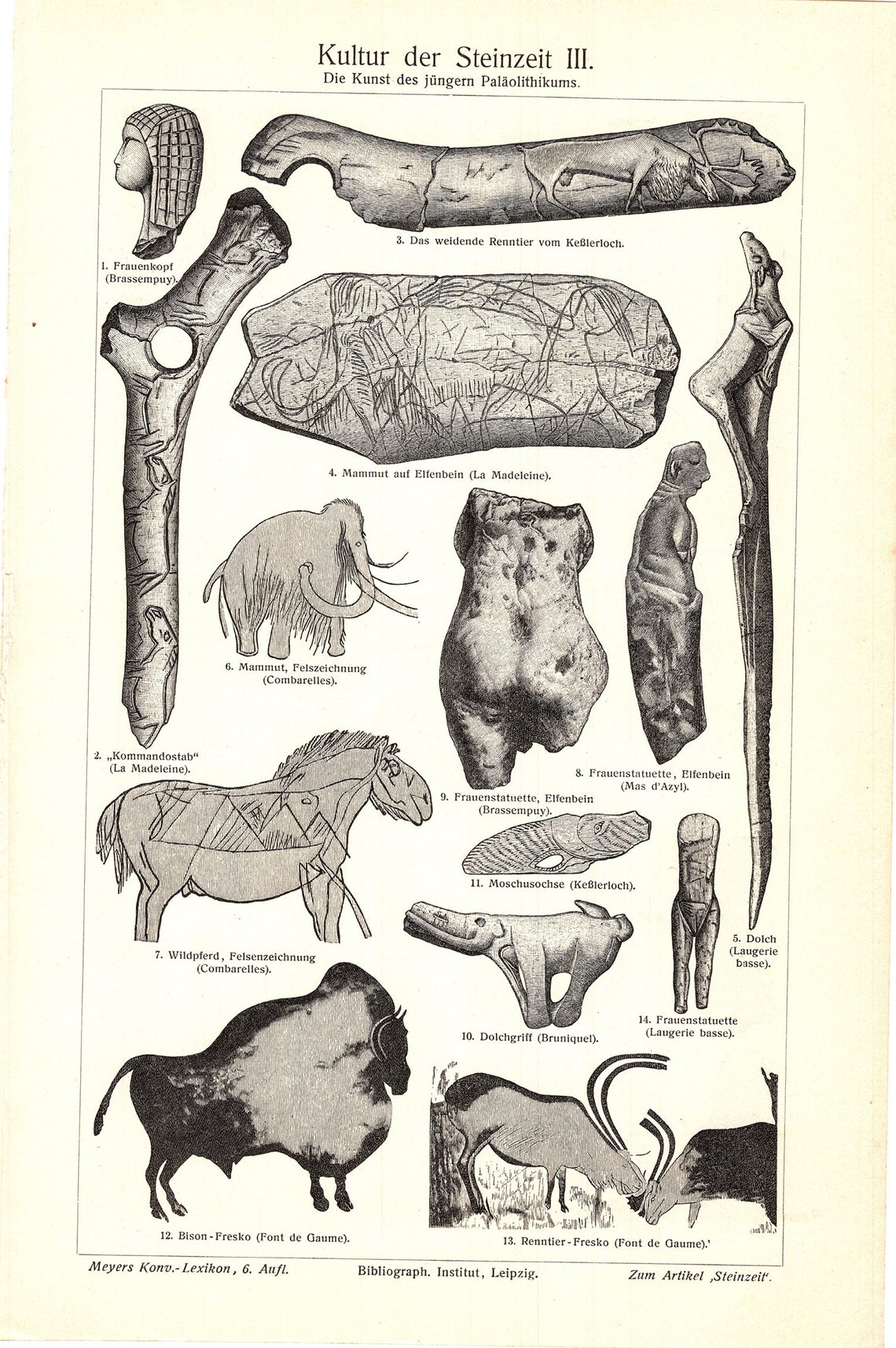 Original 1908 Antique Colour Lithography Print of Stone Age Group ...