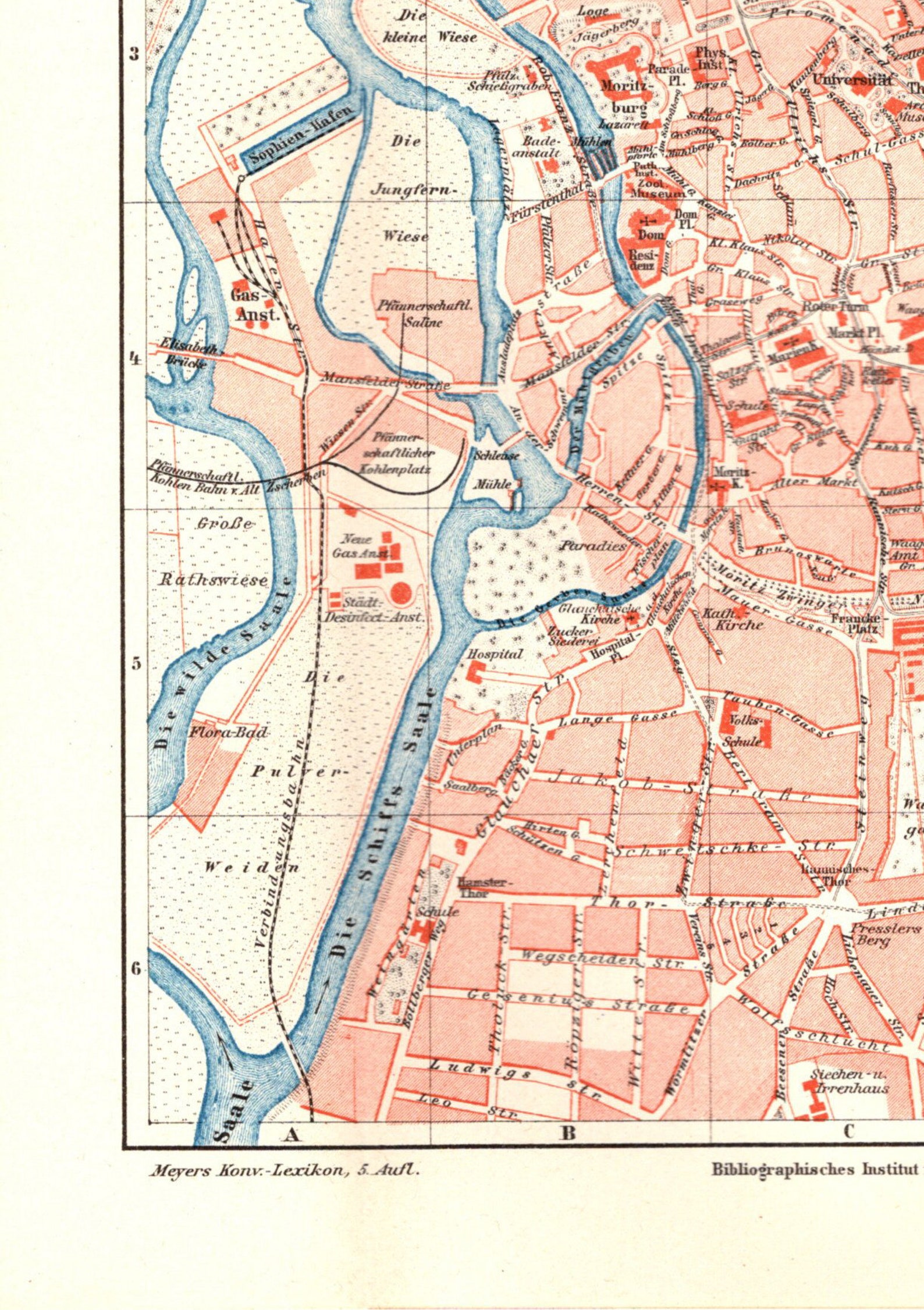 Original 1895 Antique Colour Lithography Print of a Map of Halle (saale ...