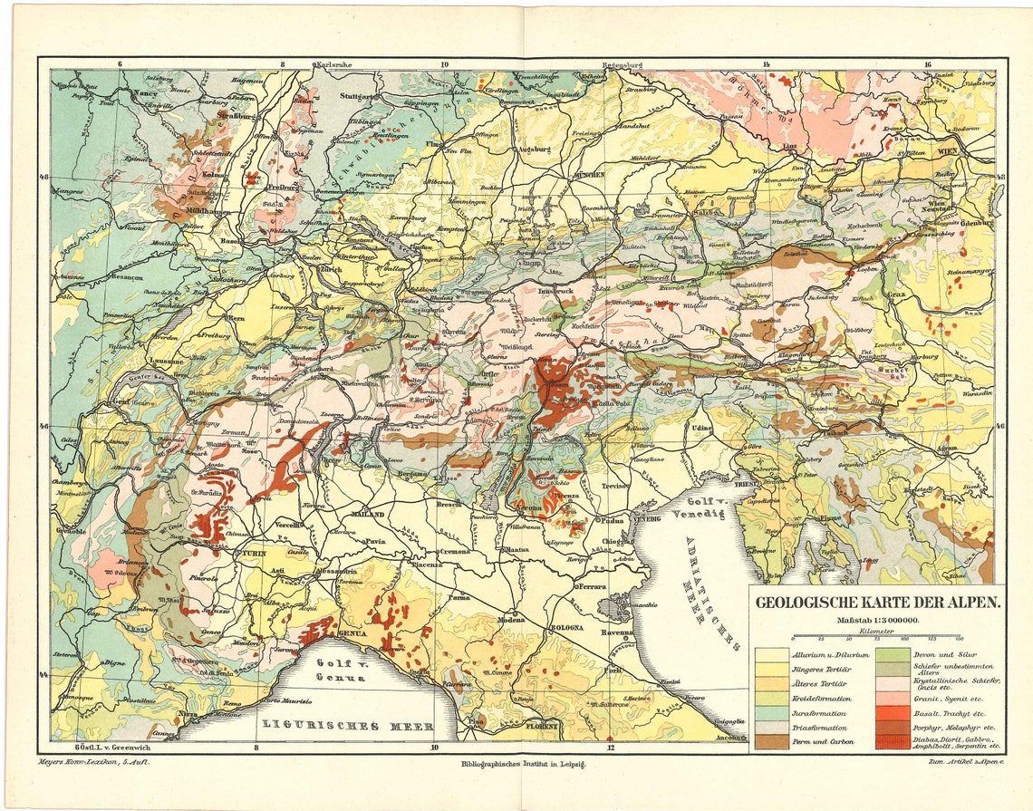 Original 1894 Antique Colour Lithography Print Map of Alps Italy ...
