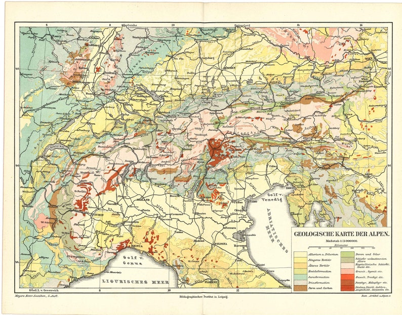 Original 1894 Antique Colour Lithography Print Map of Alps Italy ...