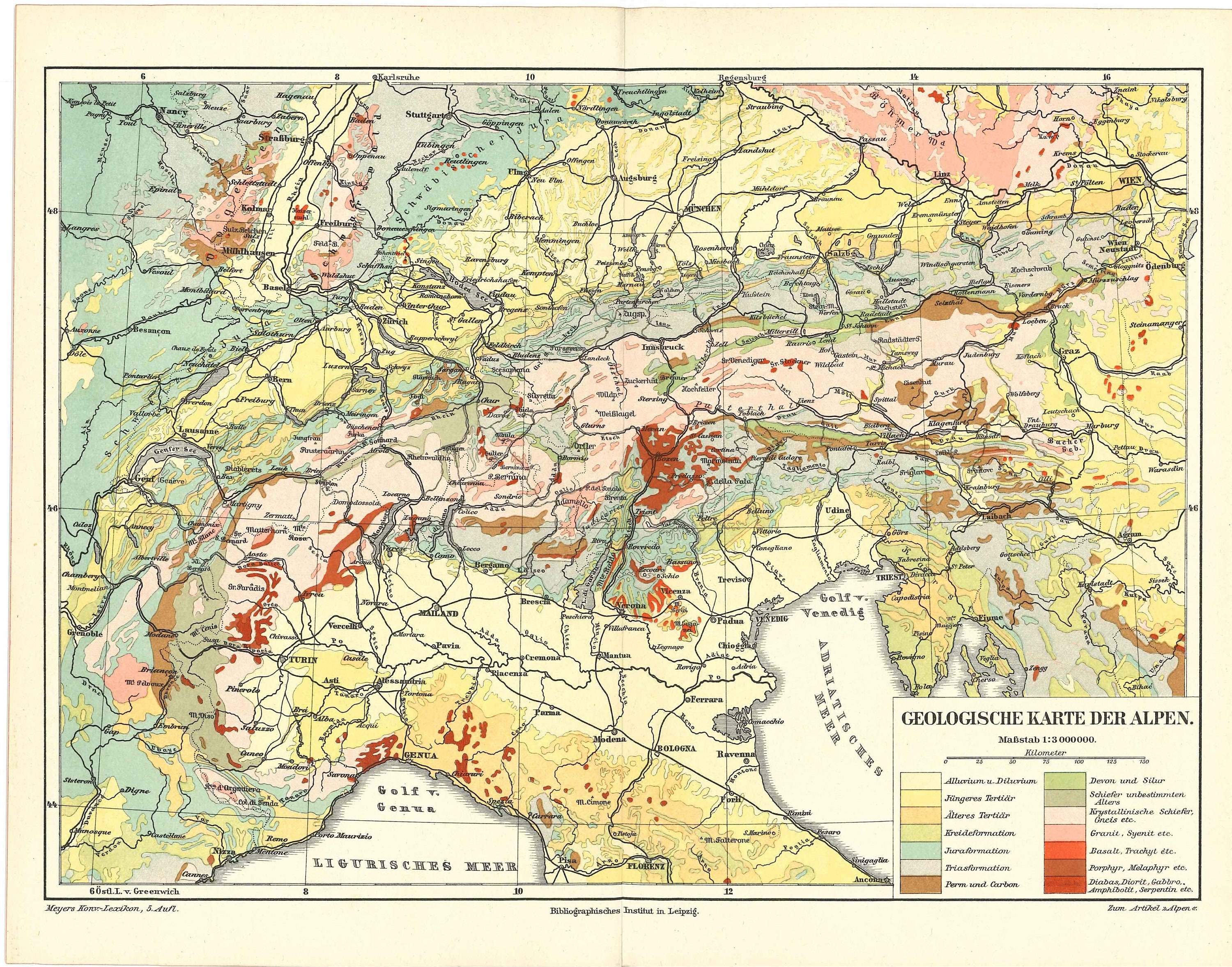 Original 1894 Antique Colour Lithography Print Map of Alps Italy ...