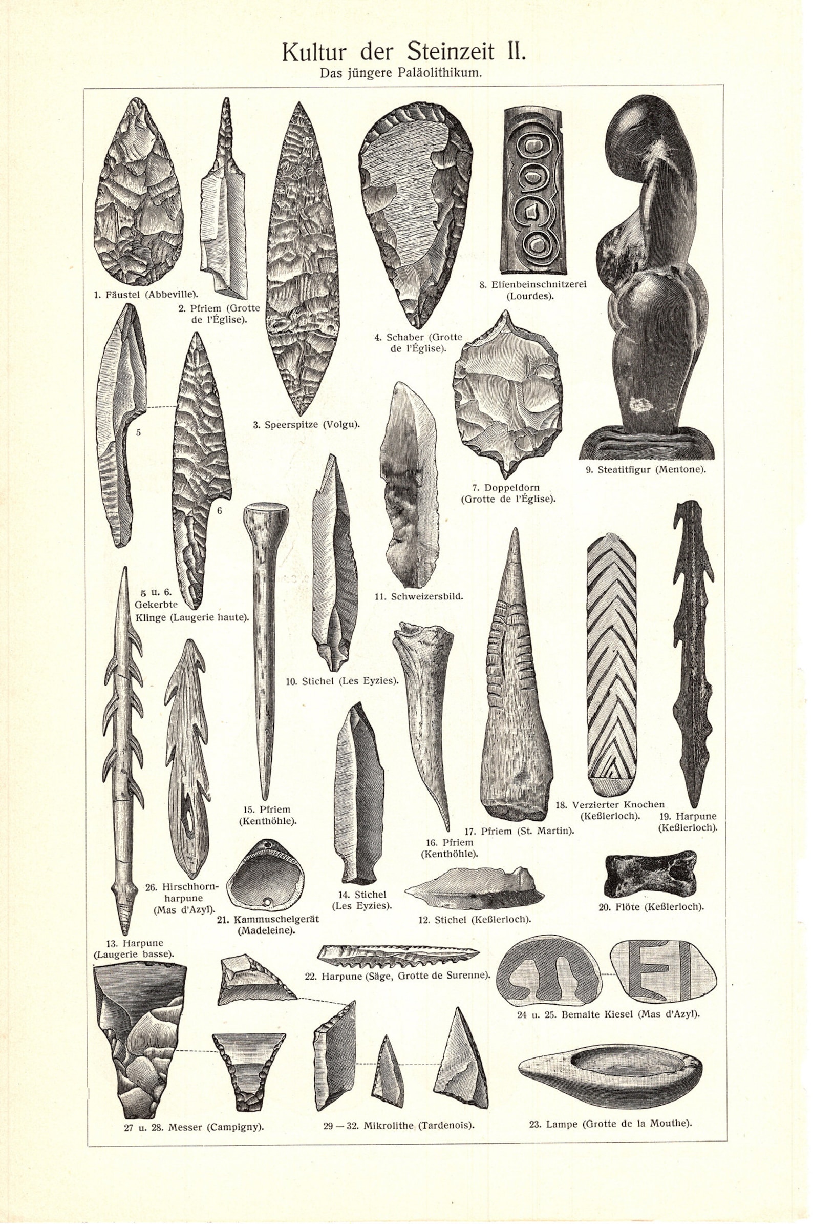 Original 1908 Antique Colour Lithography Print of Stone Age Group ...