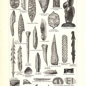 Original 1908 Antique Colour Lithography Print of Stone Age Group ...