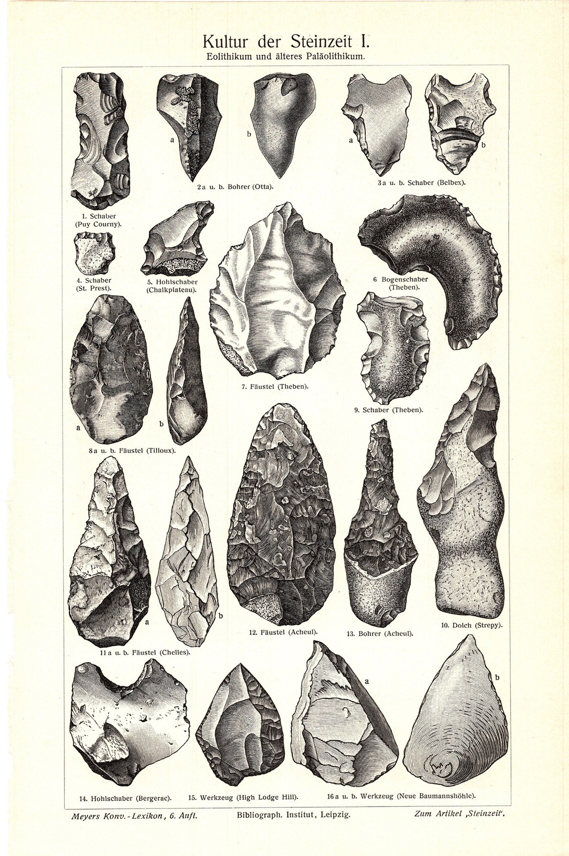 Original 1908 Antique Colour Lithography Print of Stone Age Group ...