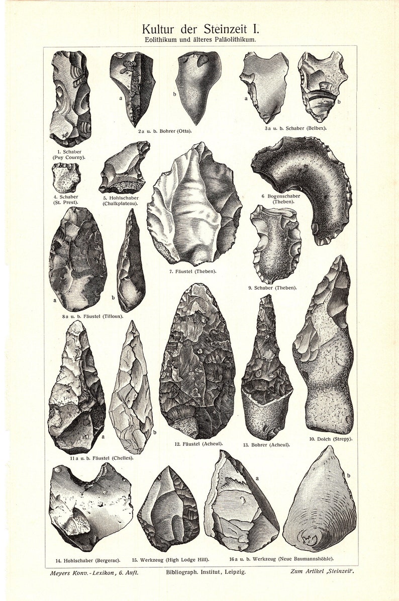 Original 1908 Antique Colour Lithography Print of Stone Age Group ...