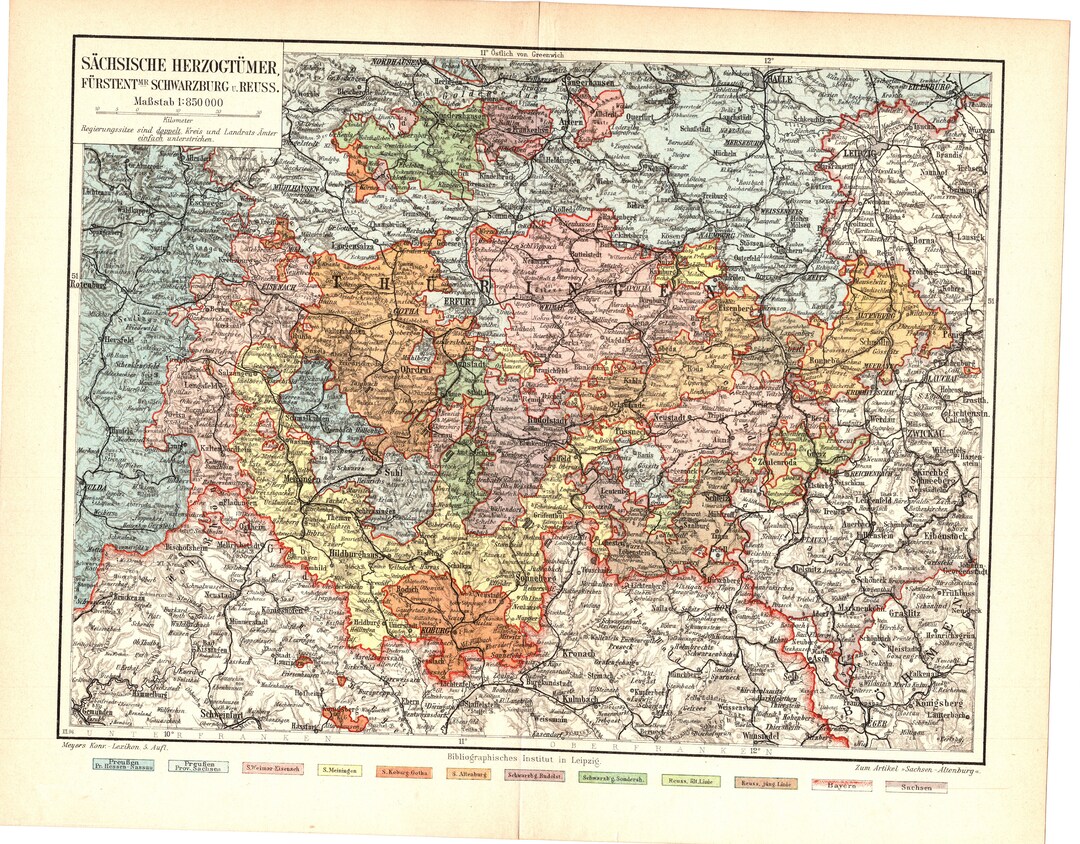 Original 1897 Antique Colour Lithography Print of Map of German ...