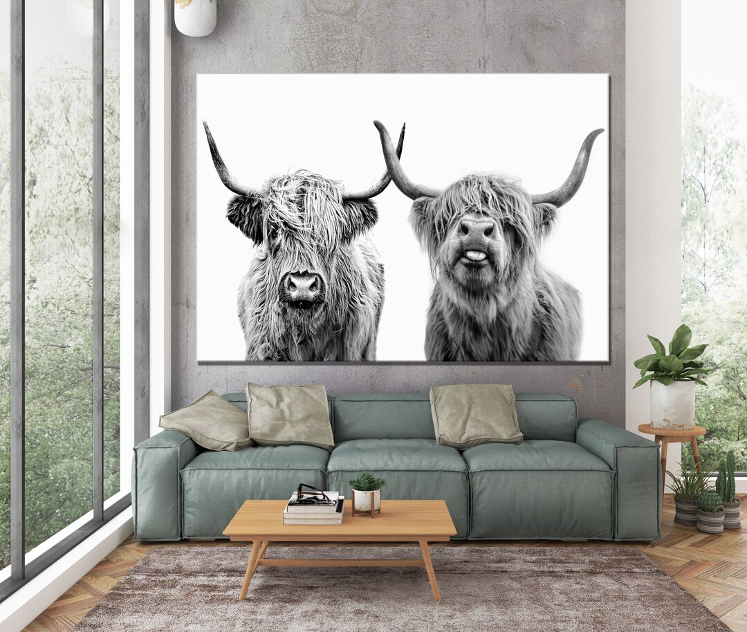 Schwarz und weiß Highland Kuh Leinwand Kunst Bauernhaus Dekor Kuh Braune Kuh Rustikale Tiere ...