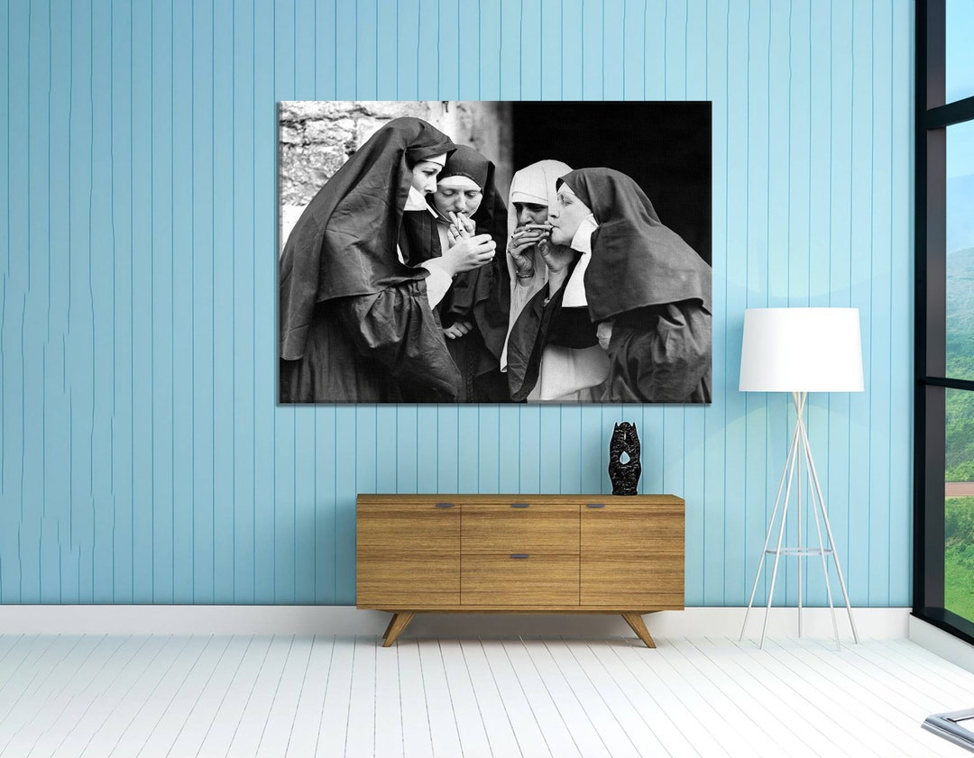 Nuns Smoking, Black and White Canvas Wall Art, Vintage Wall Art, Funny ...
