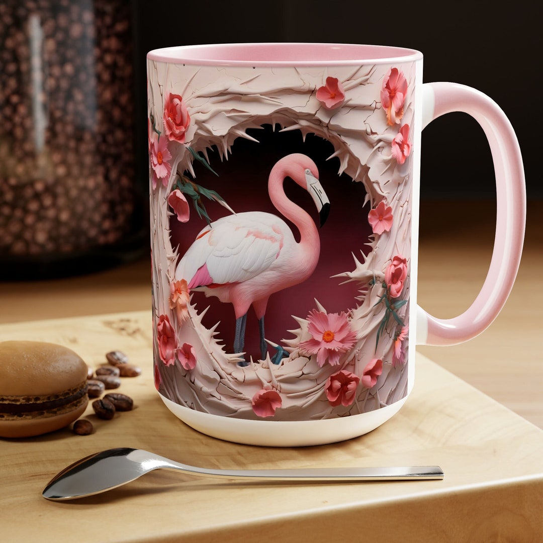 Unique 3D Effect Pink Flamingo Mug With Pink Flowers - Quirky Hole in a ...