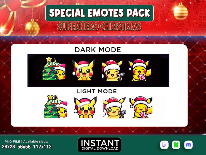 8 Emotes Chibi Pikachu Holiday Christmas Twitch ,discord ,youtube ...