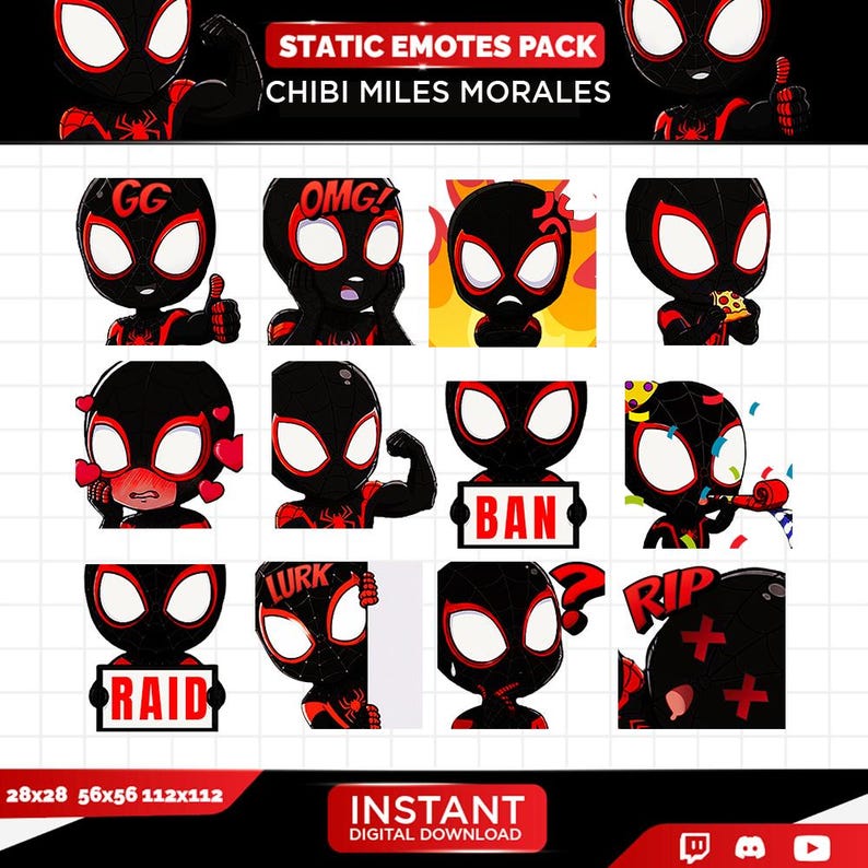 12 Static Emotes Chibi Spider-man Miles Twitch ,discord ,youtube ...