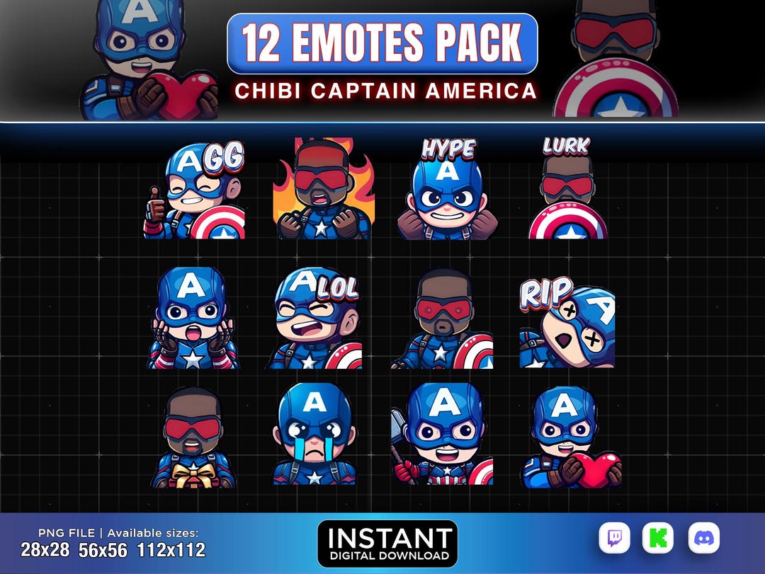 12 Emotes Chibi Captain America Twitch ,discord ,youtube | Emotes ...