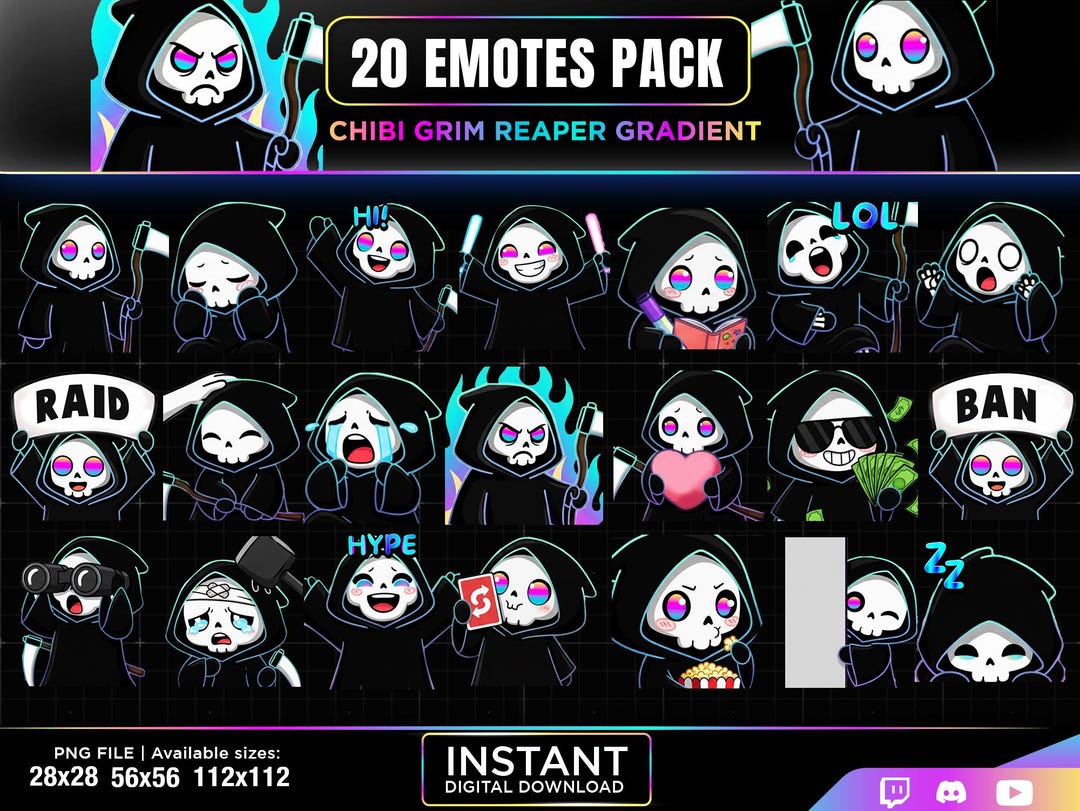 20 Emotes Chibi Grim Reaper Gradient Twitch ,discord ,youtube ...