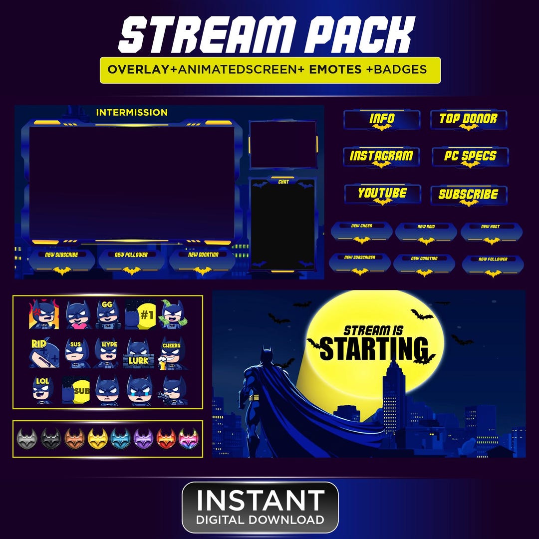 Bat Night Twitch Stream Pack | Superhero Twitch Overlay | Twitch Panels ...