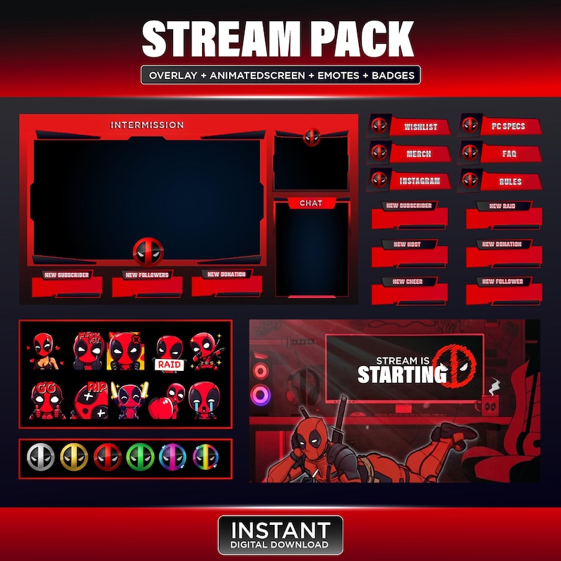 Dead Pool Twitch Stream Pack | Superhero Twitch Overlay | Twitch Panels ...