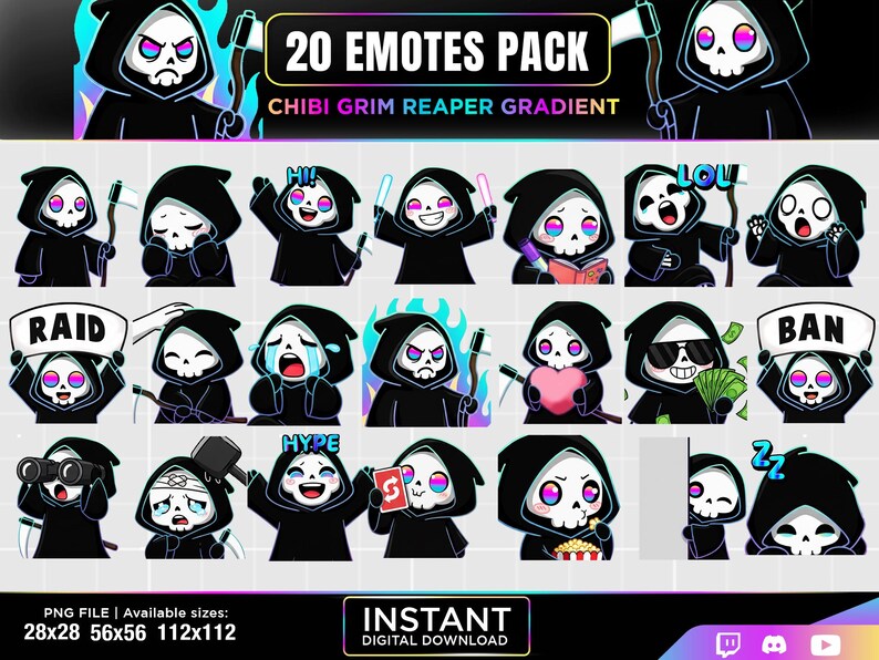 20 Emotes Chibi Grim Reaper Gradient Twitch ,discord ,youtube ...
