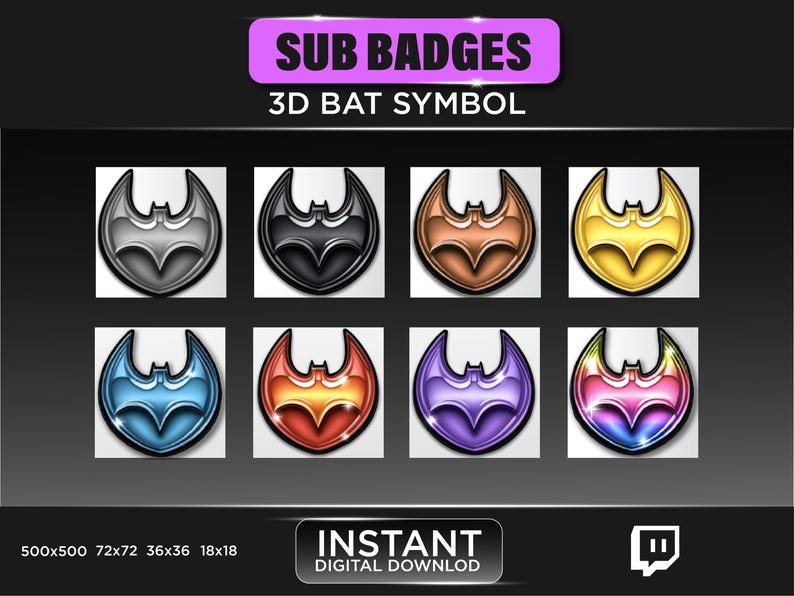 3D Bat Sub Badges | Superhero Sub Badges | Twitch Sub Badges | Hero Sub ...