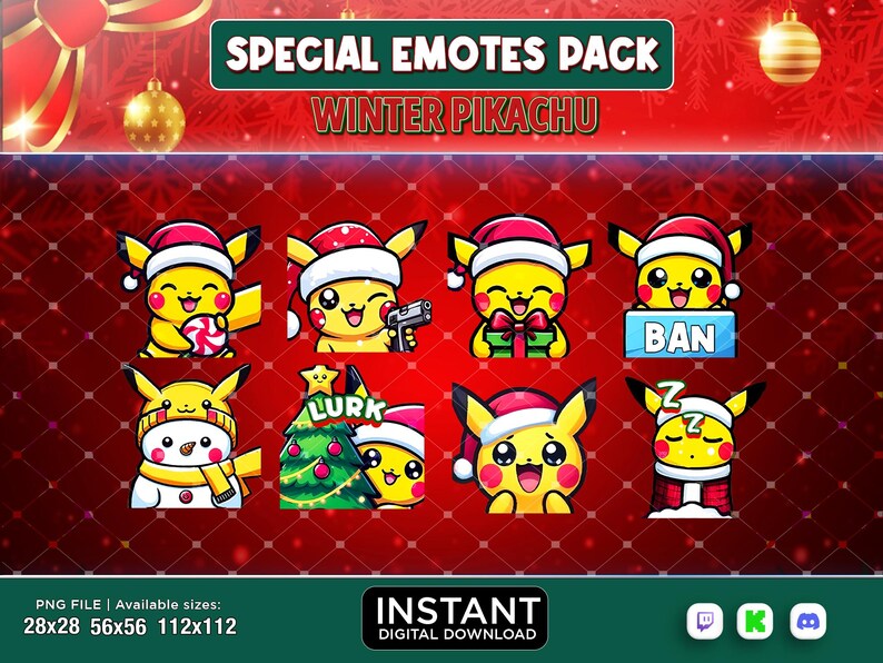 8 Emotes Chibi Pikachu Holiday Christmas Twitch ,discord ,youtube ...