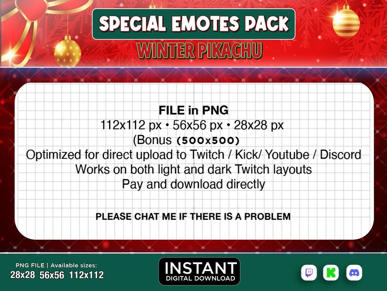 8 Emotes Chibi Pikachu Holiday Christmas Twitch ,discord ,youtube ...