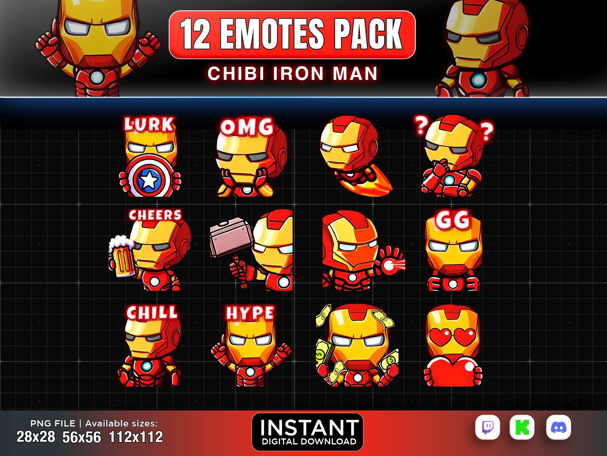 12 Emotes Chibi Iron Man Twitch ,discord ,youtube | Emotes ,superhero ...