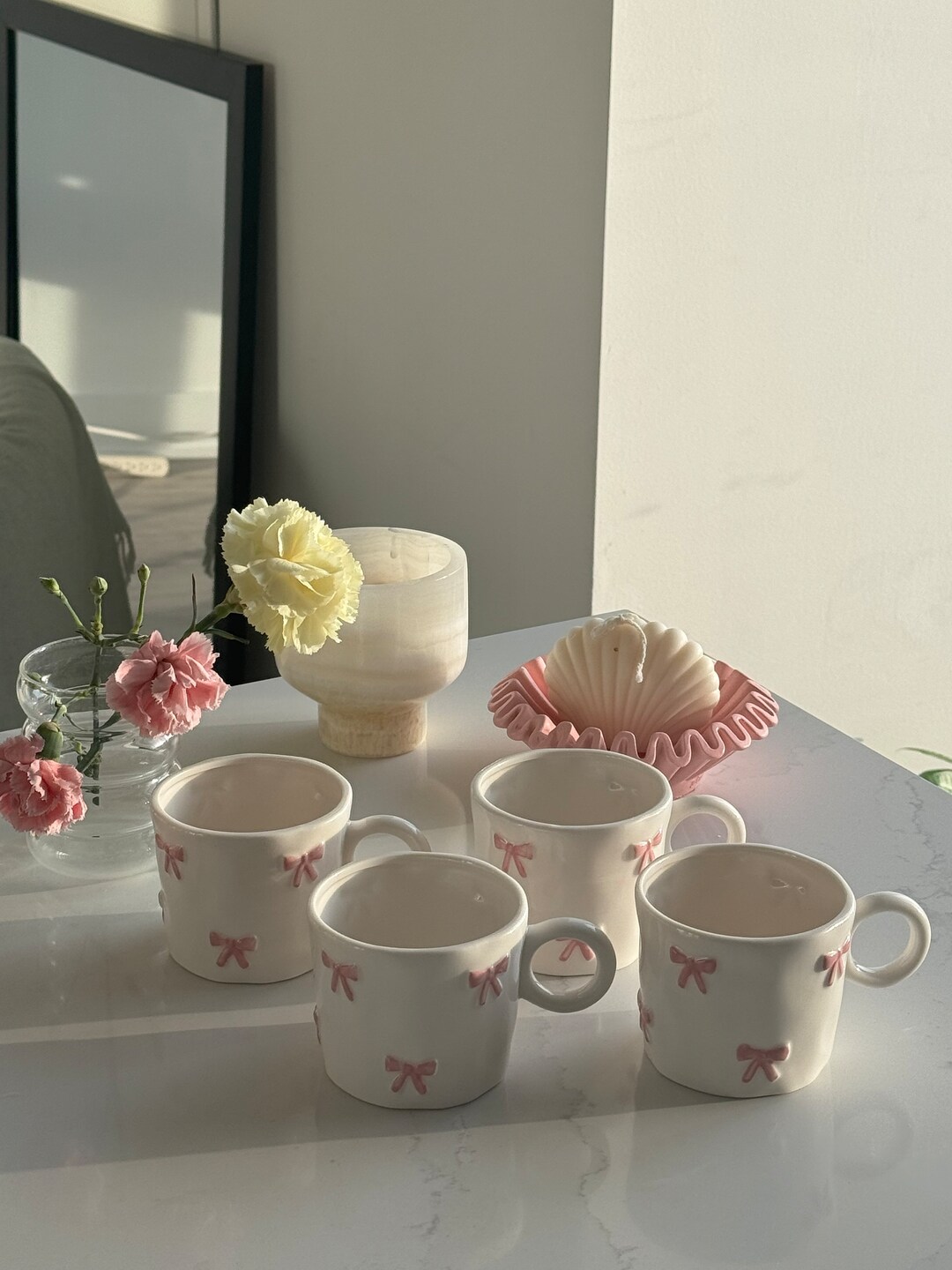 Handmade Coquette Coffee Mug Set | Pink Bow Ceramic Cups - Etsy