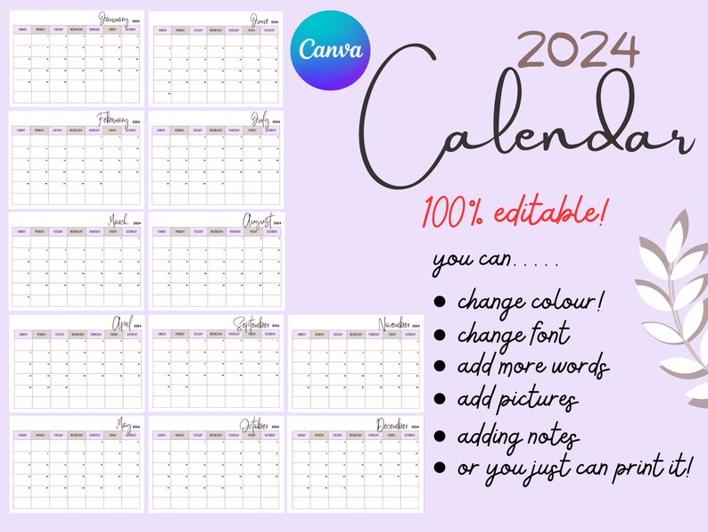 2024 Kalender Canva Template 100% bearbeitbar Druckbarer Kalender 2024 ...
