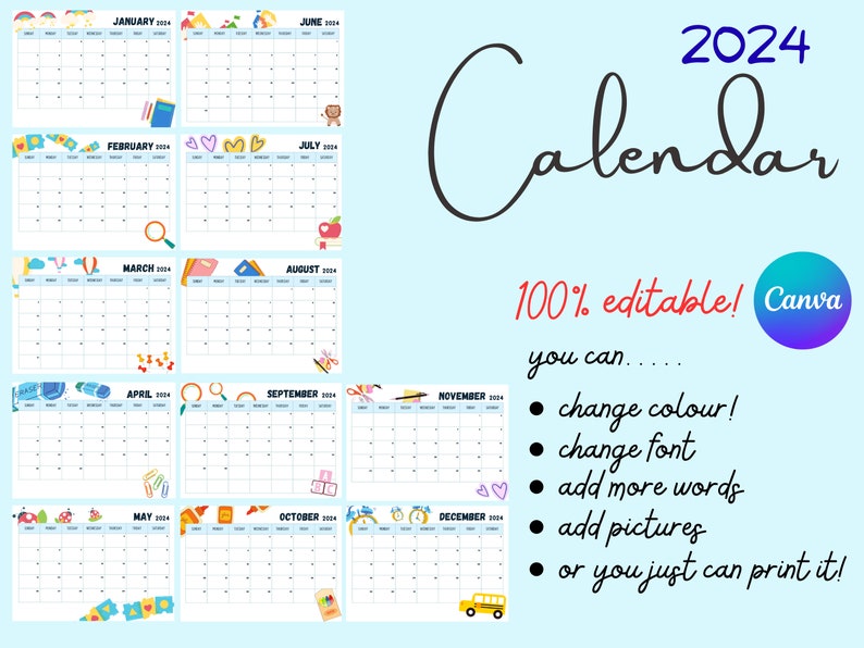 2024 Calendar Canva Template - 100% Editable | KIDS School DIY Canva ...