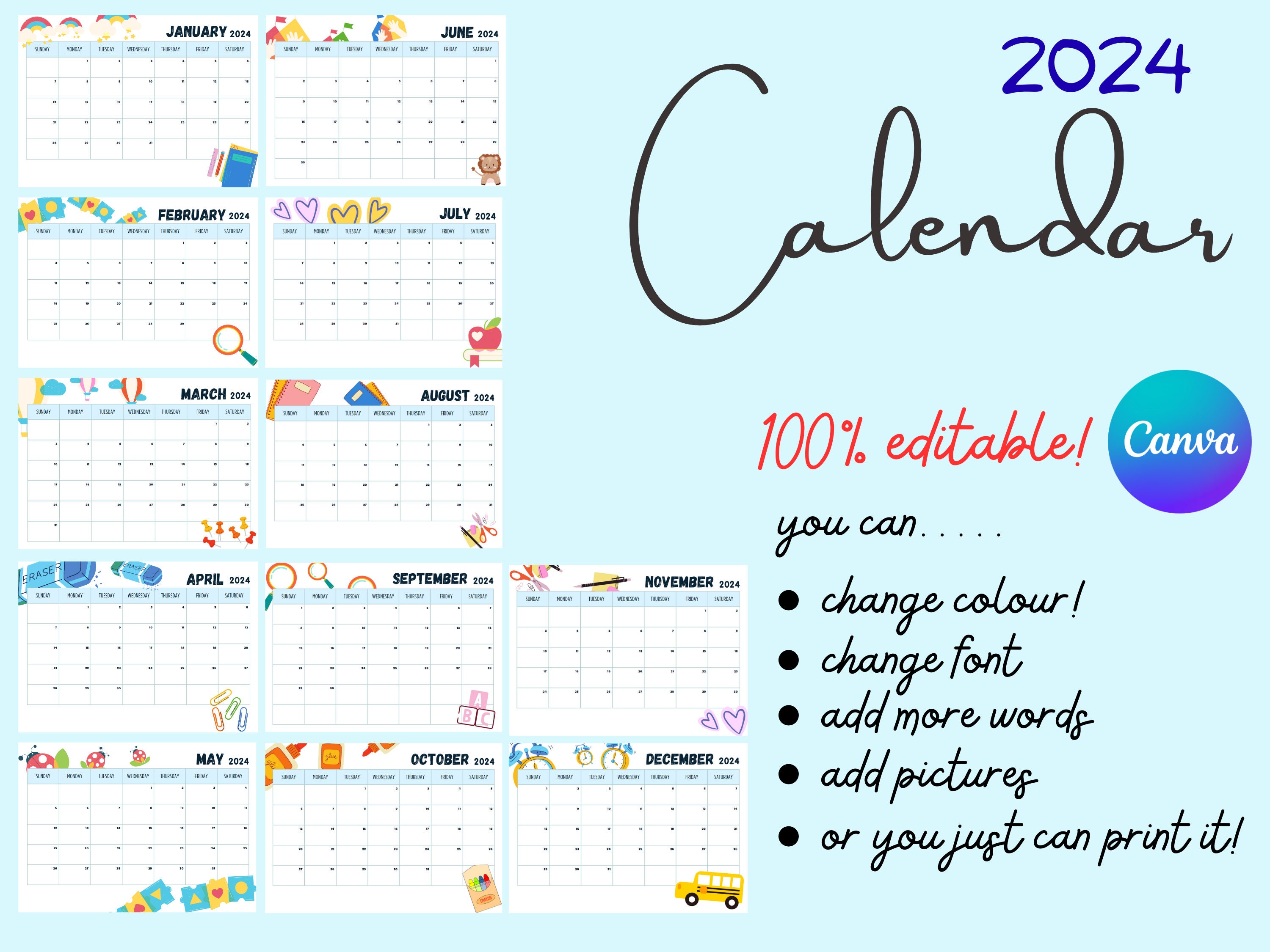 2024 Calendar Canva Template - 100% Editable | KIDS School DIY Canva ...