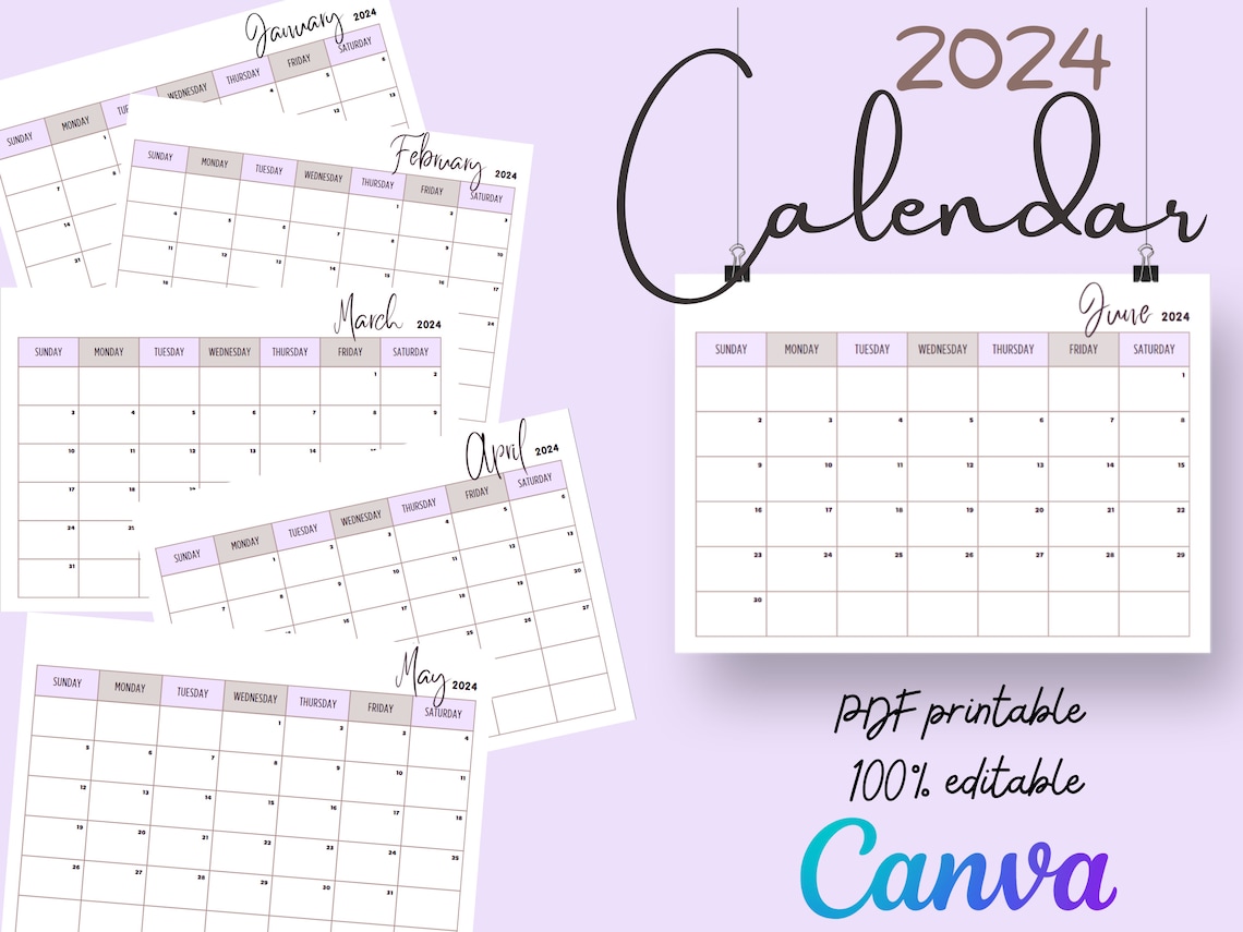 2024 Kalender Canva Template 100% bearbeitbar Druckbarer Kalender 2024 ...