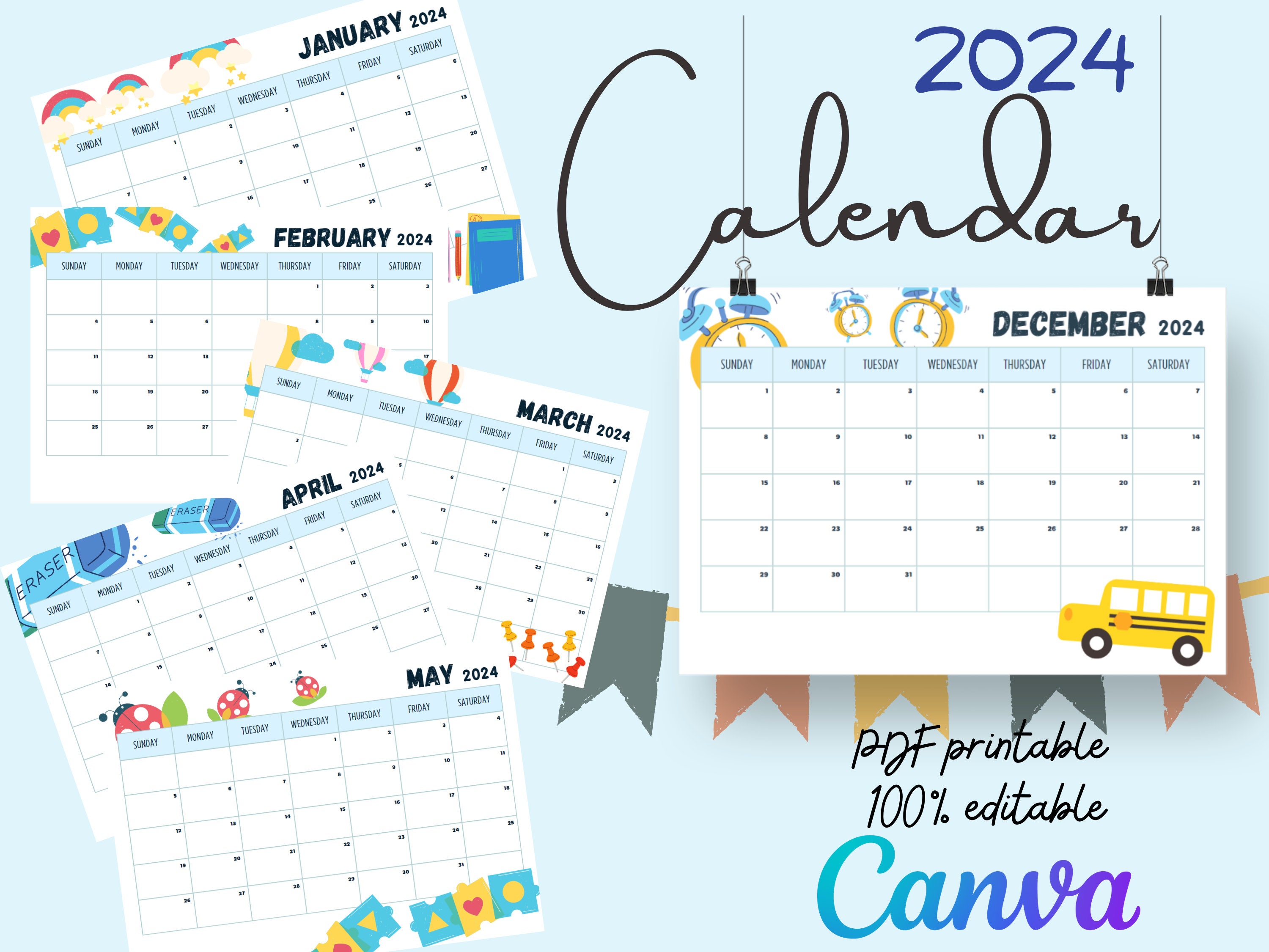 2024 Calendar Canva Template - 100% Editable | KIDS School DIY Canva ...
