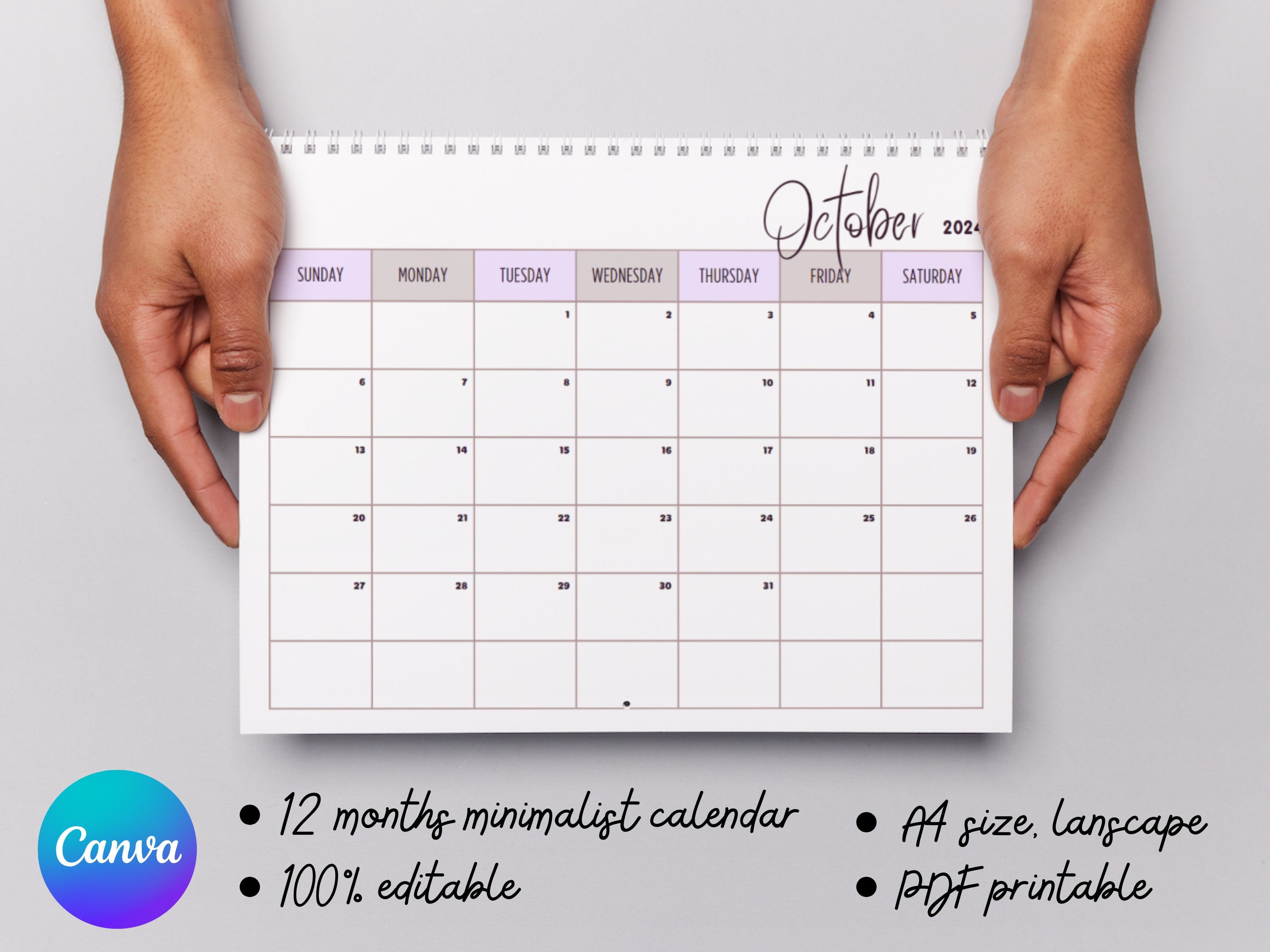 2024 Kalender Canva Template 100% bearbeitbar Druckbarer Kalender 2024 ...