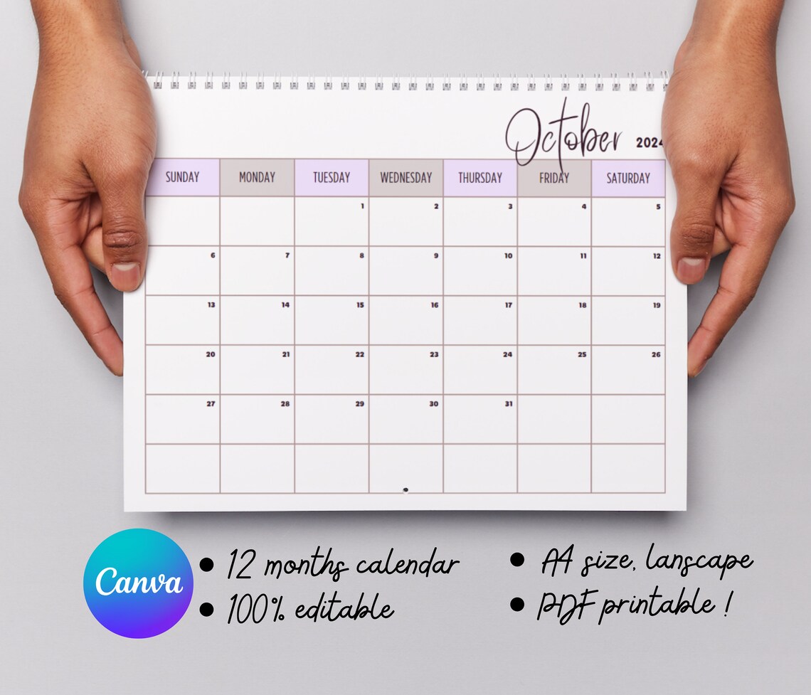 2024 Kalender Canva Template 100% bearbeitbar Druckbarer Kalender 2024 ...