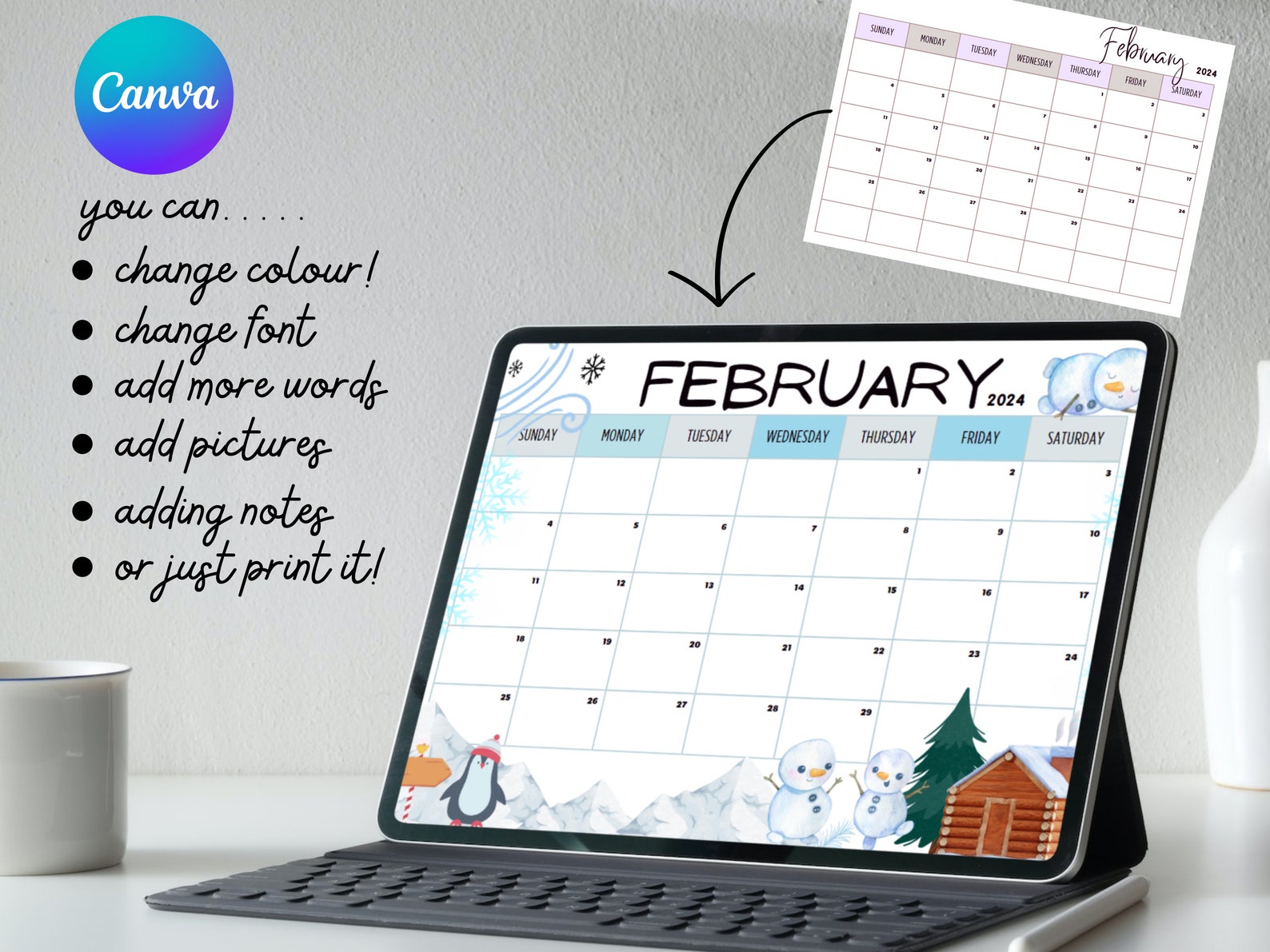 2024 Kalender Canva Template 100% bearbeitbar Druckbarer Kalender 2024 ...