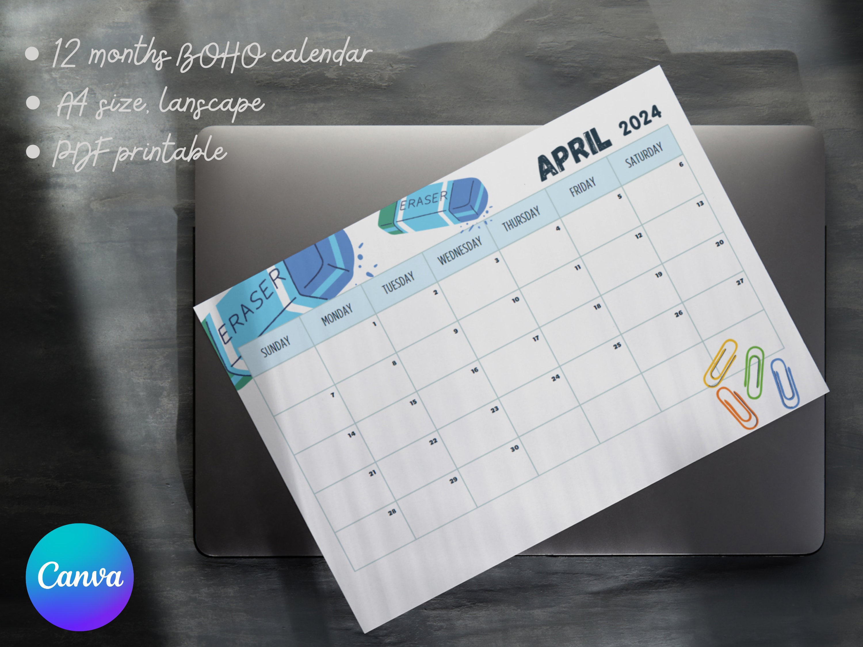 2024 Calendar Canva Template - 100% Editable | KIDS School DIY Canva ...