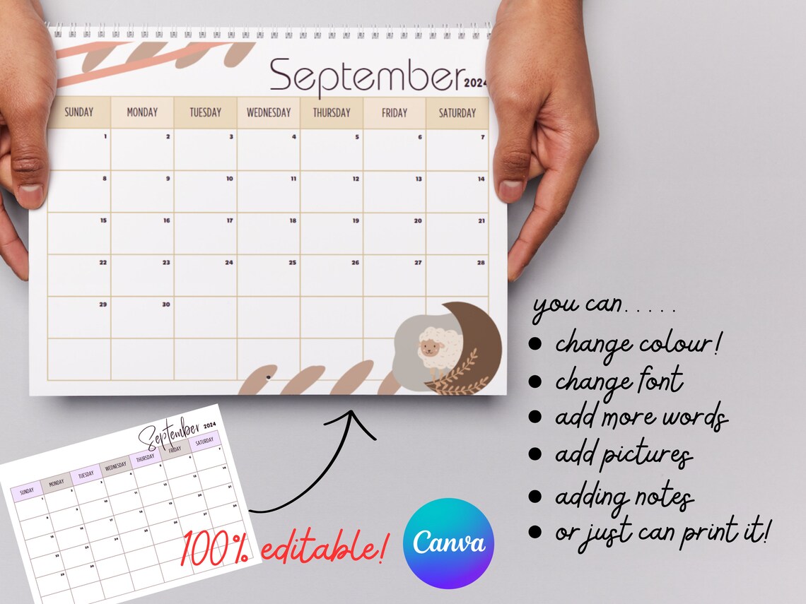 2024 Kalender Canva Template 100% bearbeitbar Druckbarer Kalender 2024 ...