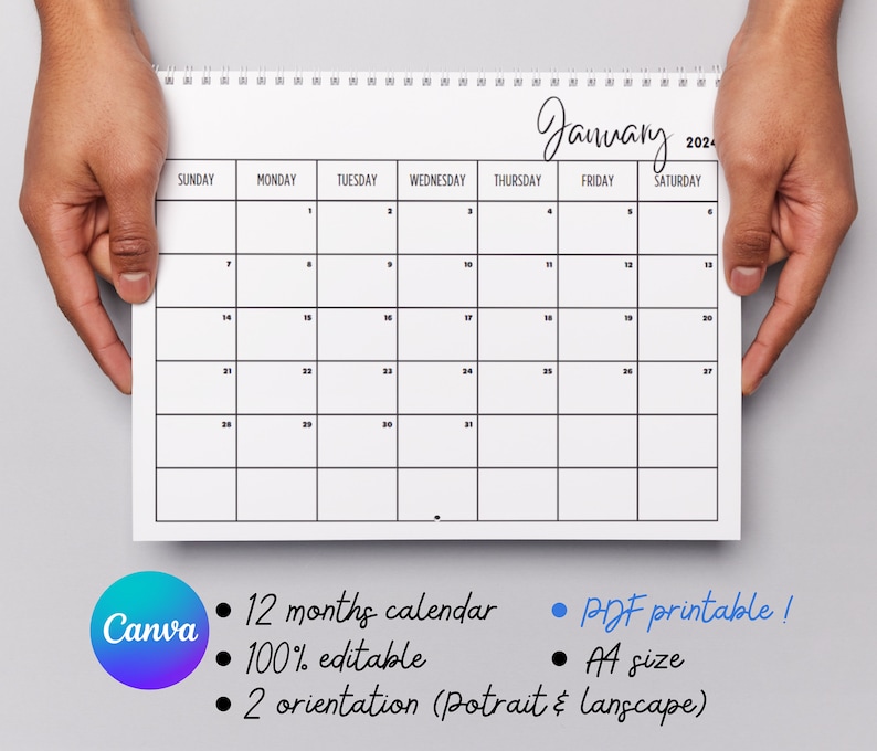 2024 Calendar Canva Template 100% Editable Simple Minimalist DIY Canva ...