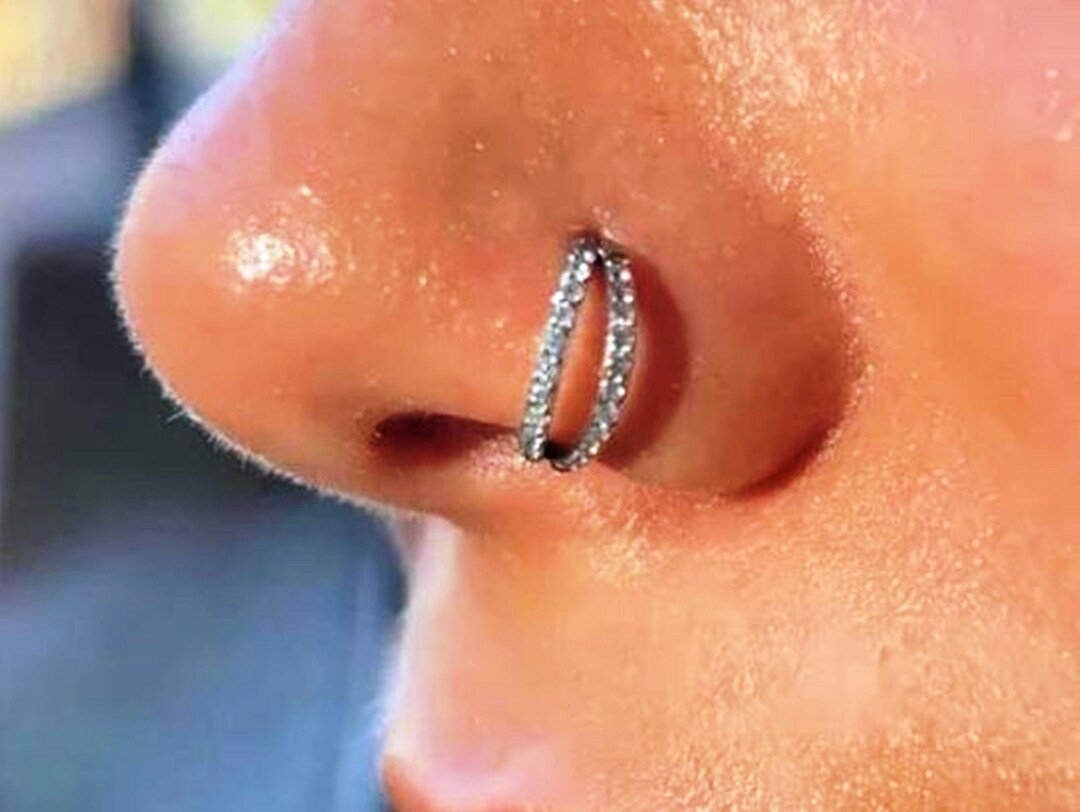 18G 925 Sterling Silver CZ Double Nostril Ring/ Hinged Nose Hoop/ Shine ...