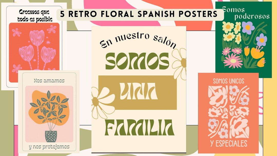 5 Retro Spanish Classroom Posters- Classroom Inclusion- Groovy Floral ...