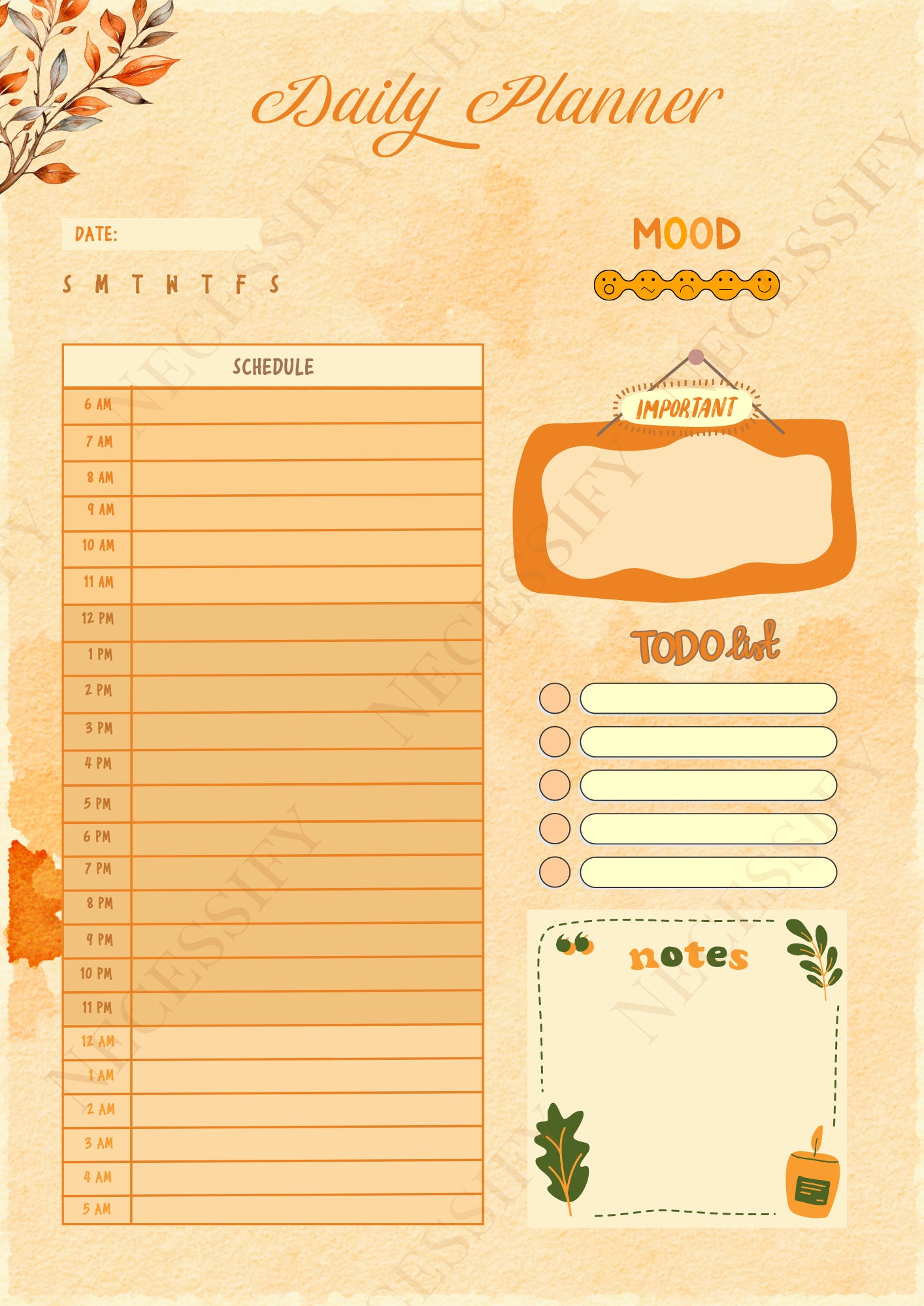 Daily Planner Orange Daily Planner Printable Planner - Etsy