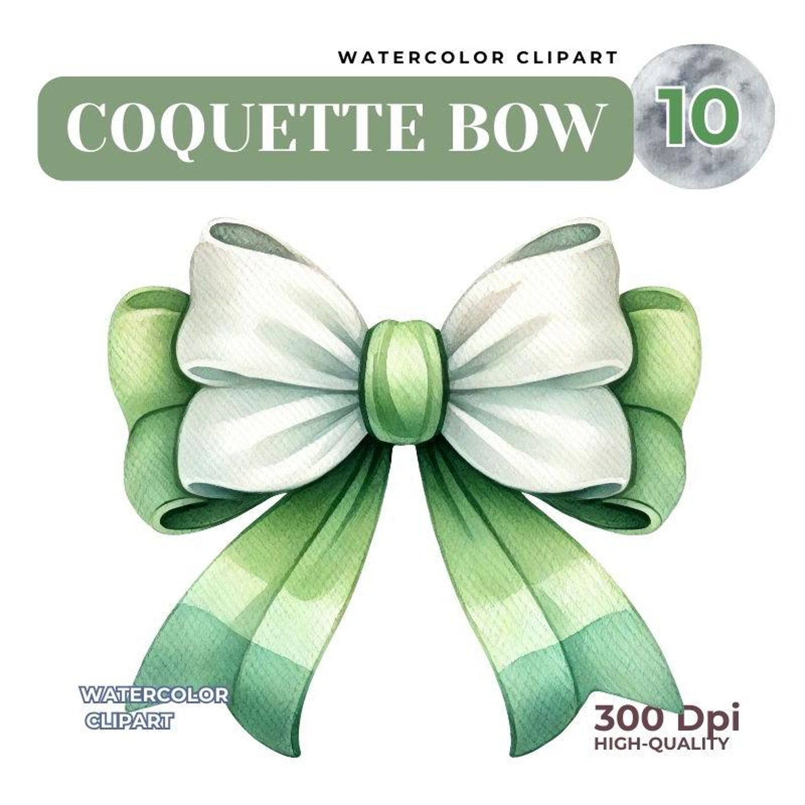 Watercolor Coquette Bow Clipart: Green & White PNG (digital Download ...