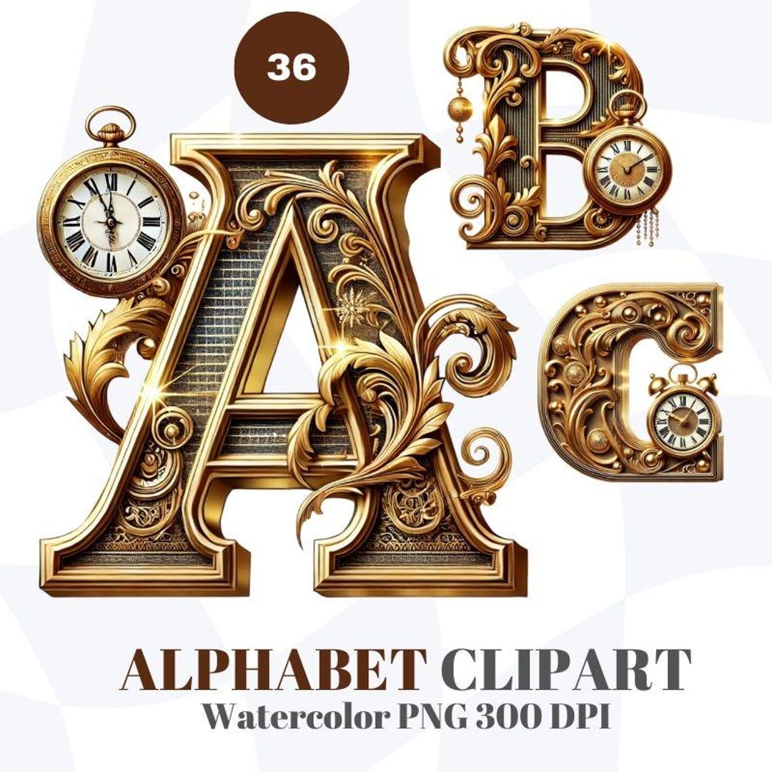 Gold Alphabet Clipart: Vintage Clock Letters, Numbers (PNG Digital ...